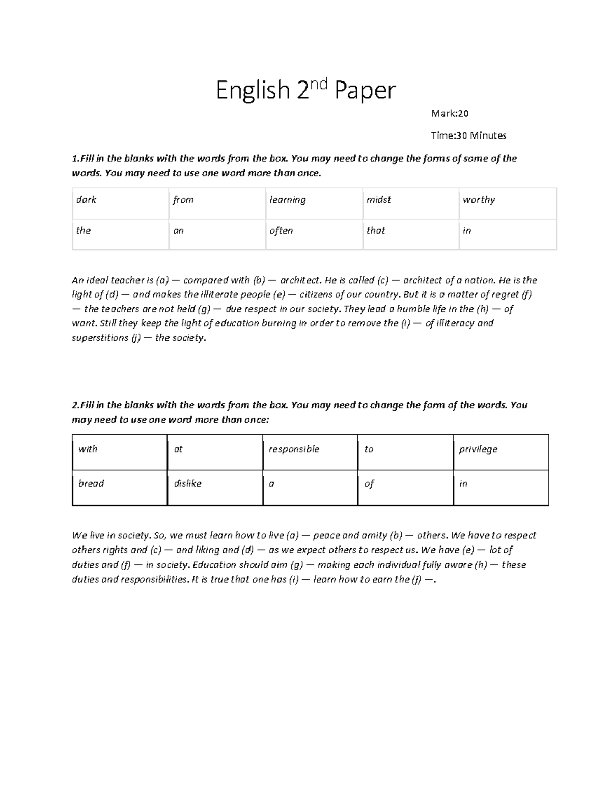 English 2nd Paper: Fill in the Blanks Exercise Guide - Studocu