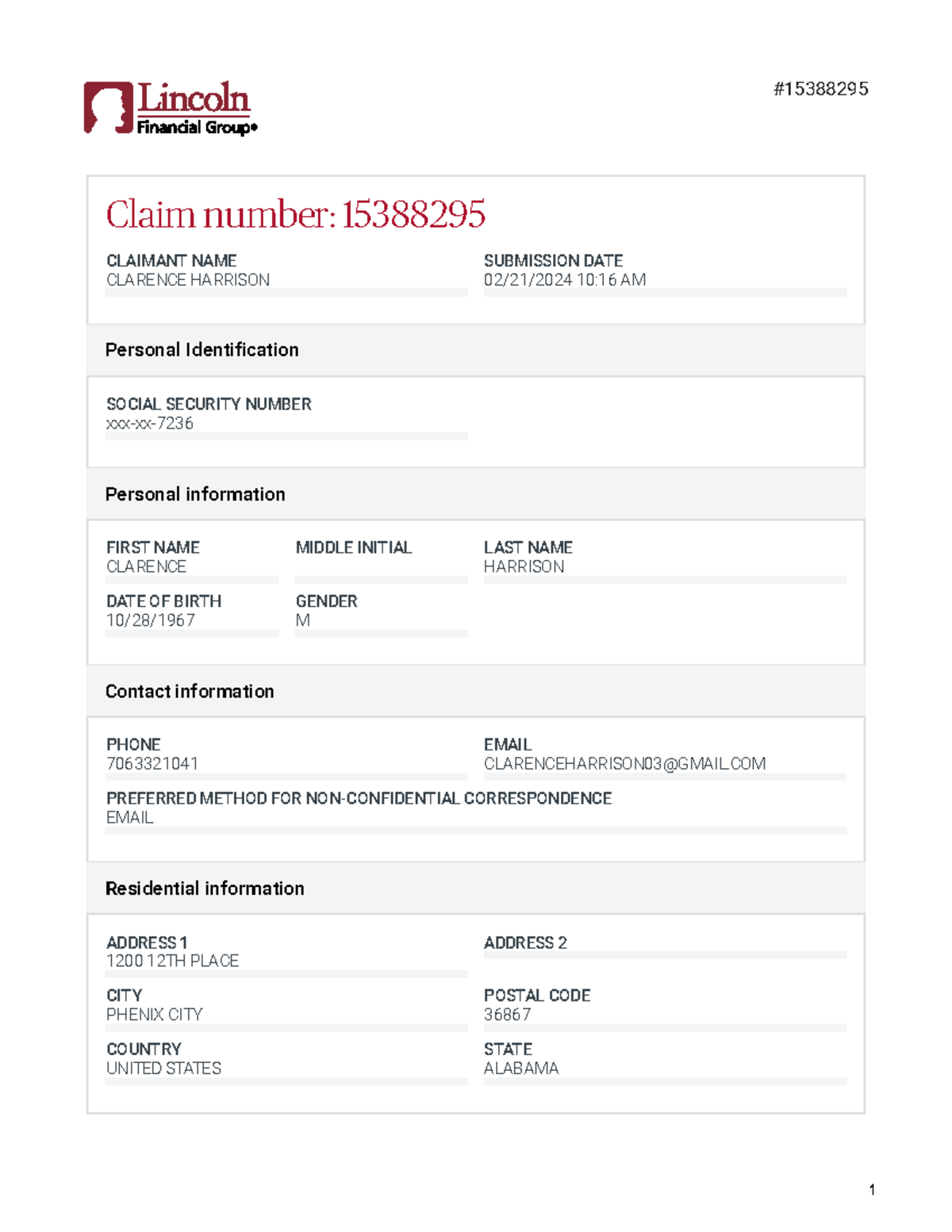 Claim Submission Form - Clarence Harrison (Claim #15388295) - Studocu