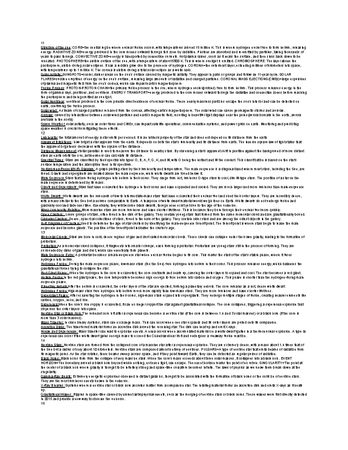 AST 101 Final Exam Note Sheet: Structure of the Sun & Stellar Evolution ...