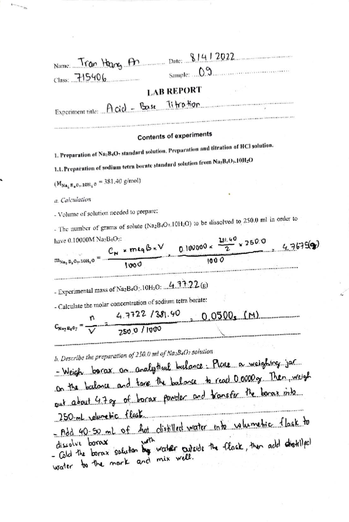 Acid-Base Titration Lab Report: Experiment on Na2B4O7 and HCl Solutions ...