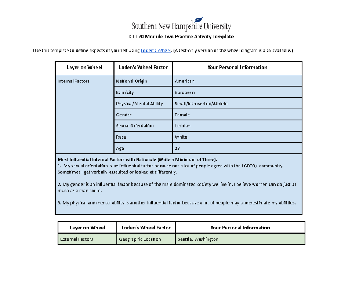 CJ 120 Module Two Practice Activity: Personal Identity Exploration ...