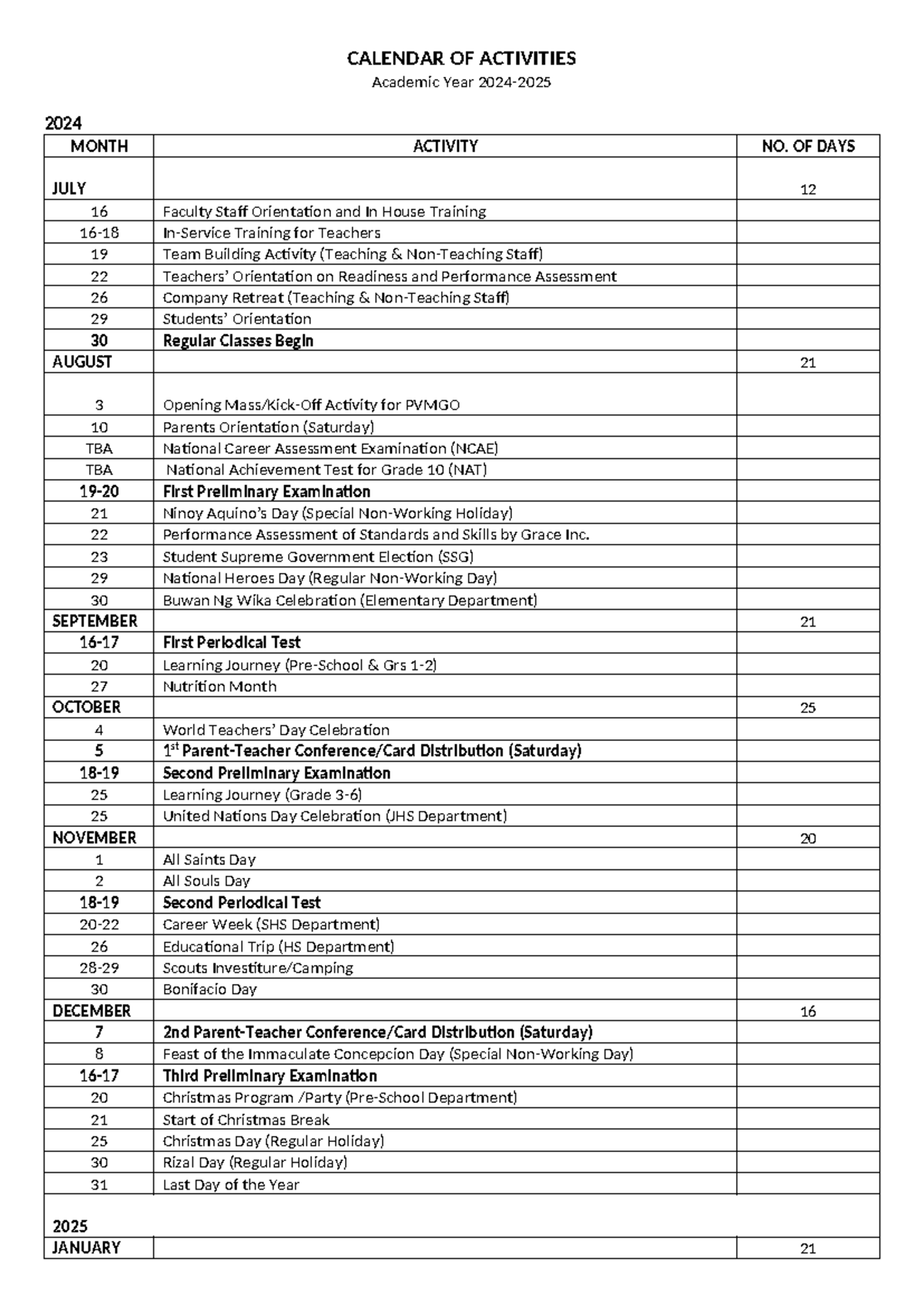 School Calendar 2024-2025: Activities and Important Dates - Studocu