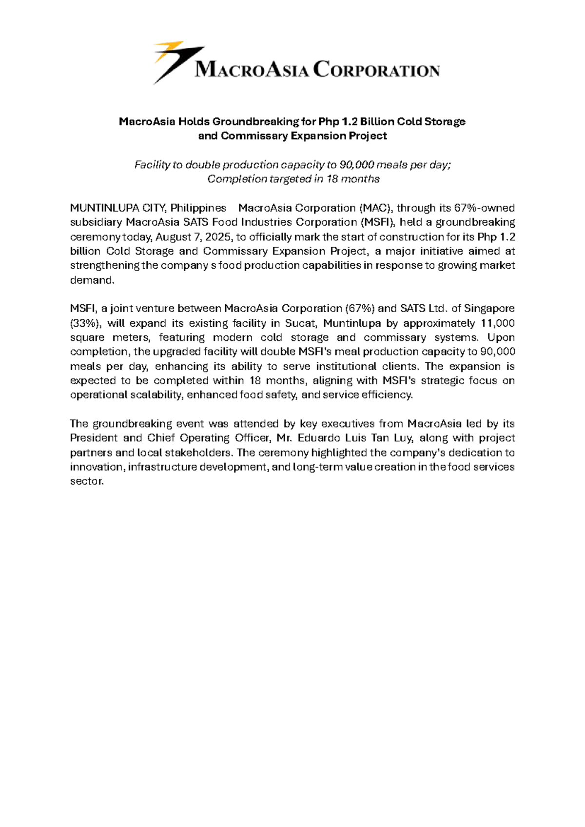 Press Release - MSFI Expansion Groundbreaking for Php 1.2B Project ...