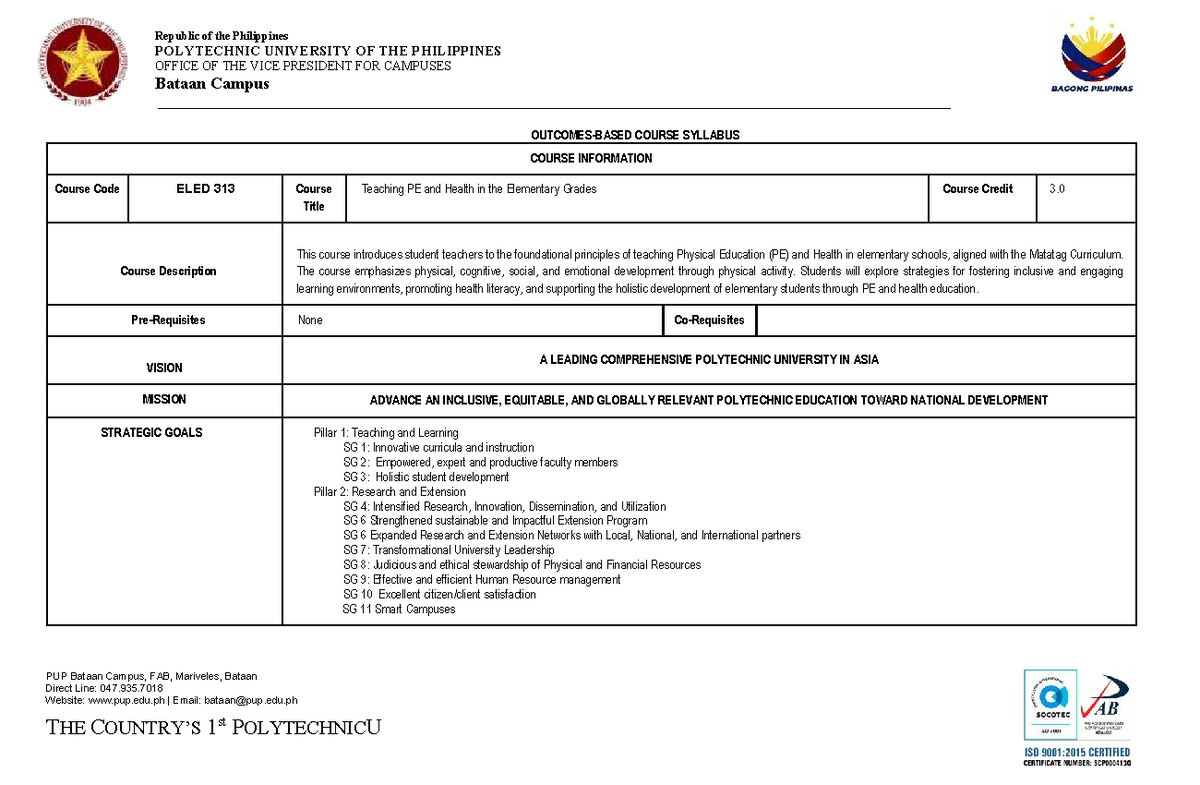 ELED 313: Teaching PE and Health in Elementary Grades Syllabus - Studocu