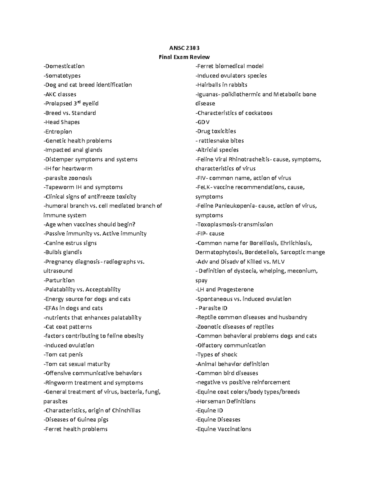 TTU ANSC 2303 Final Exam Comprehensive Review Guide - Studocu