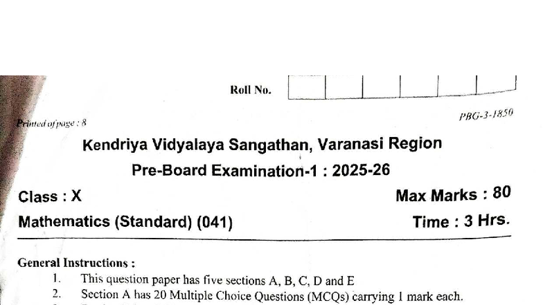 Pre Board 1 Mathematics (Standard) Exam Paper - Class X (041) - Studocu