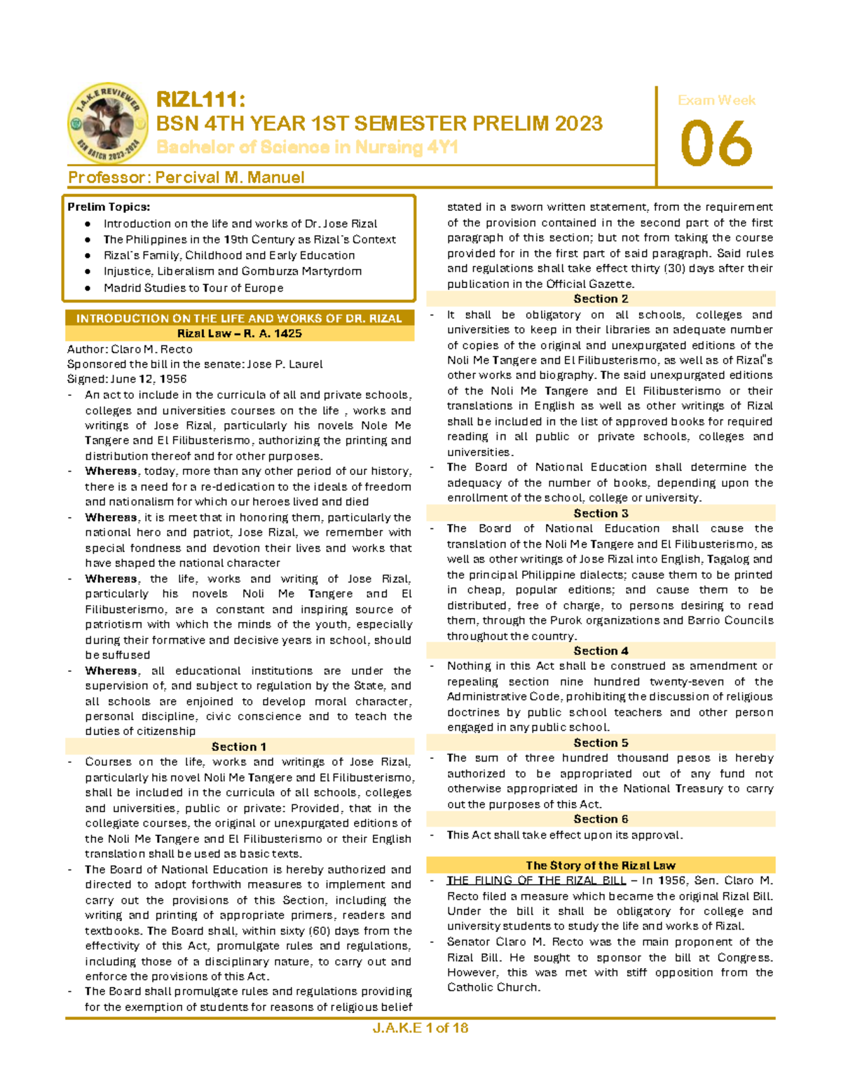 BSN 4TH YEAR 1ST SEMESTER PRELIM 2023: Rizal's Life and Works - Studocu