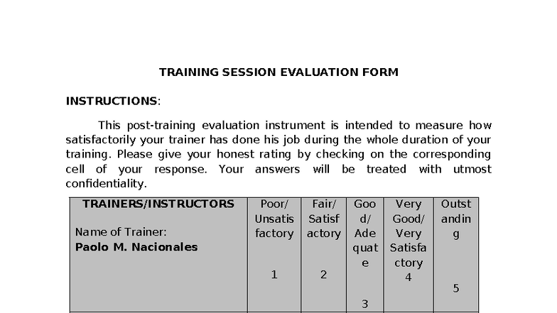 Training Session Evaluation Form Instructions - Studocu