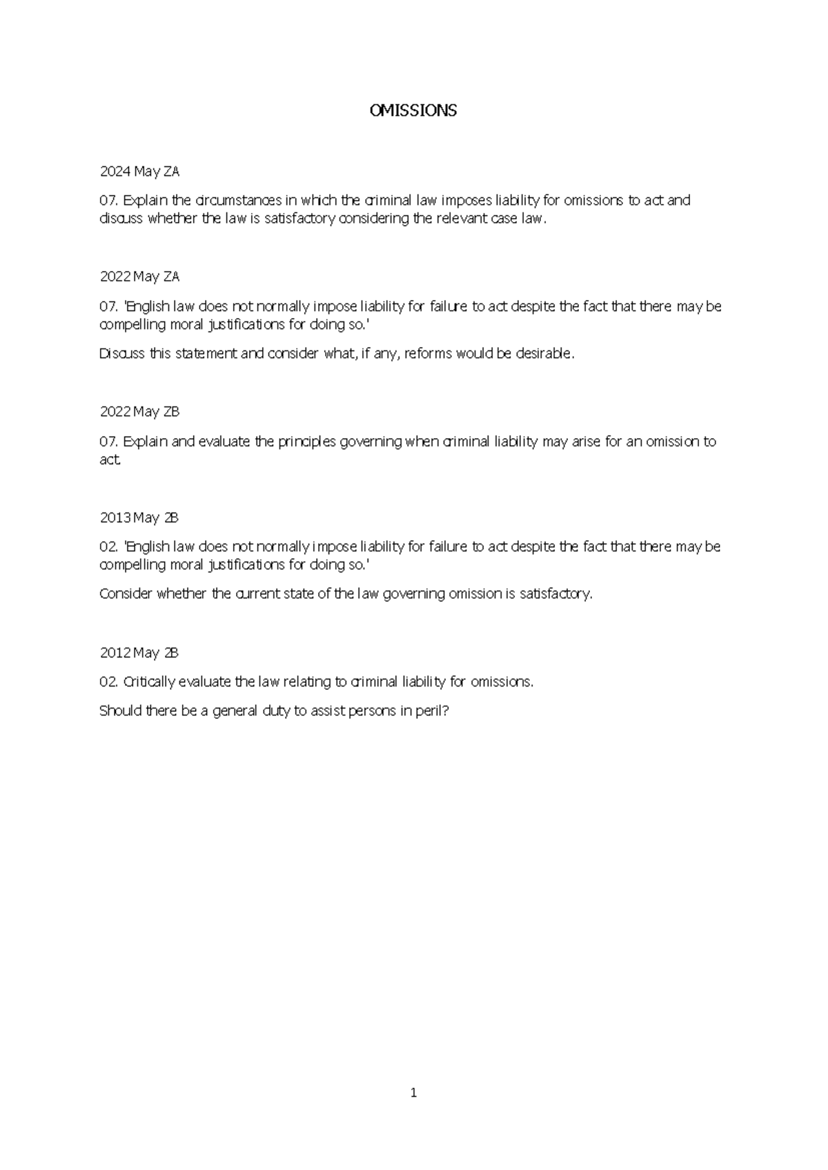 Omissions in Criminal Law: Liability & Case Law Analysis - 2024 - Studocu