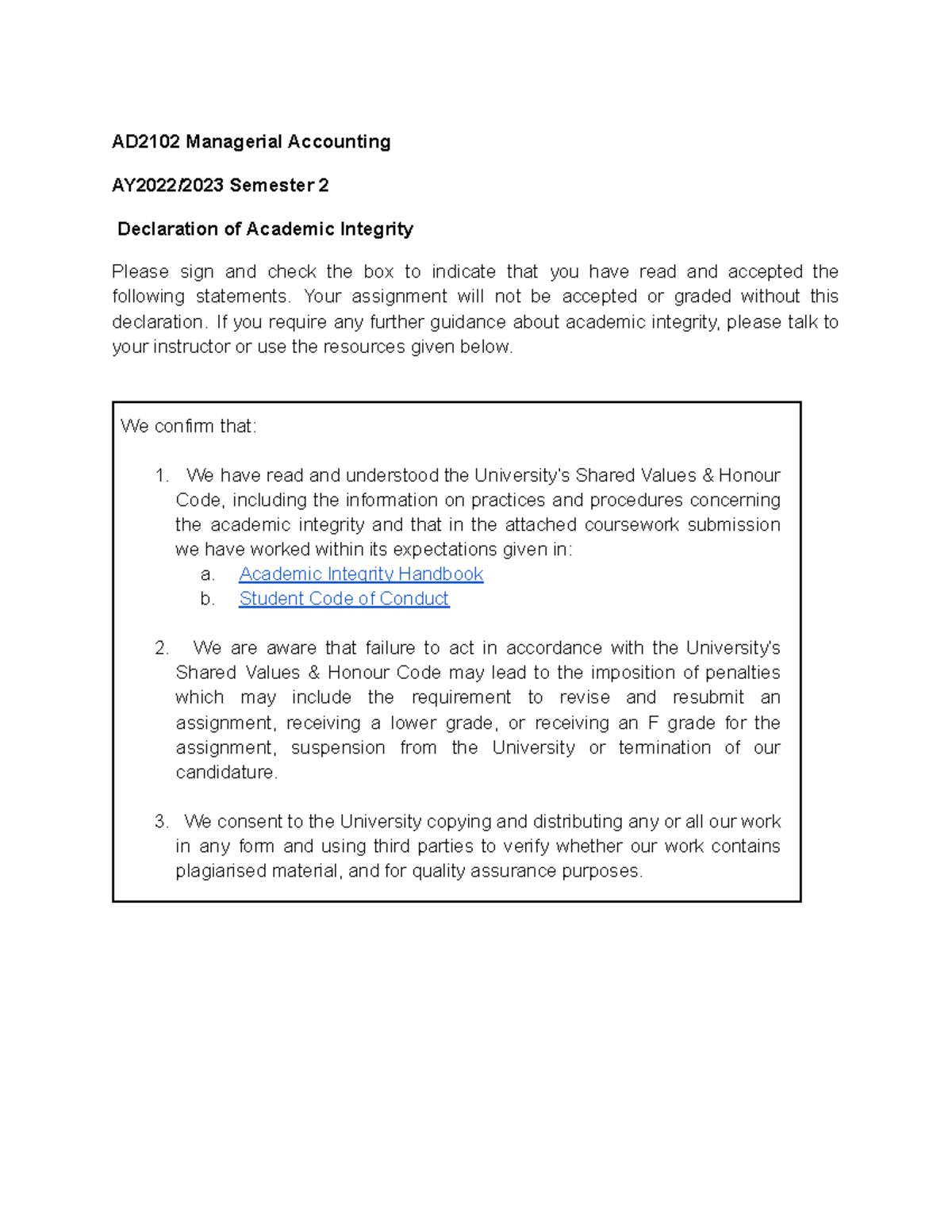 AD2102 Managerial Accounting Semester 2 Academic Integrity Declaration ...