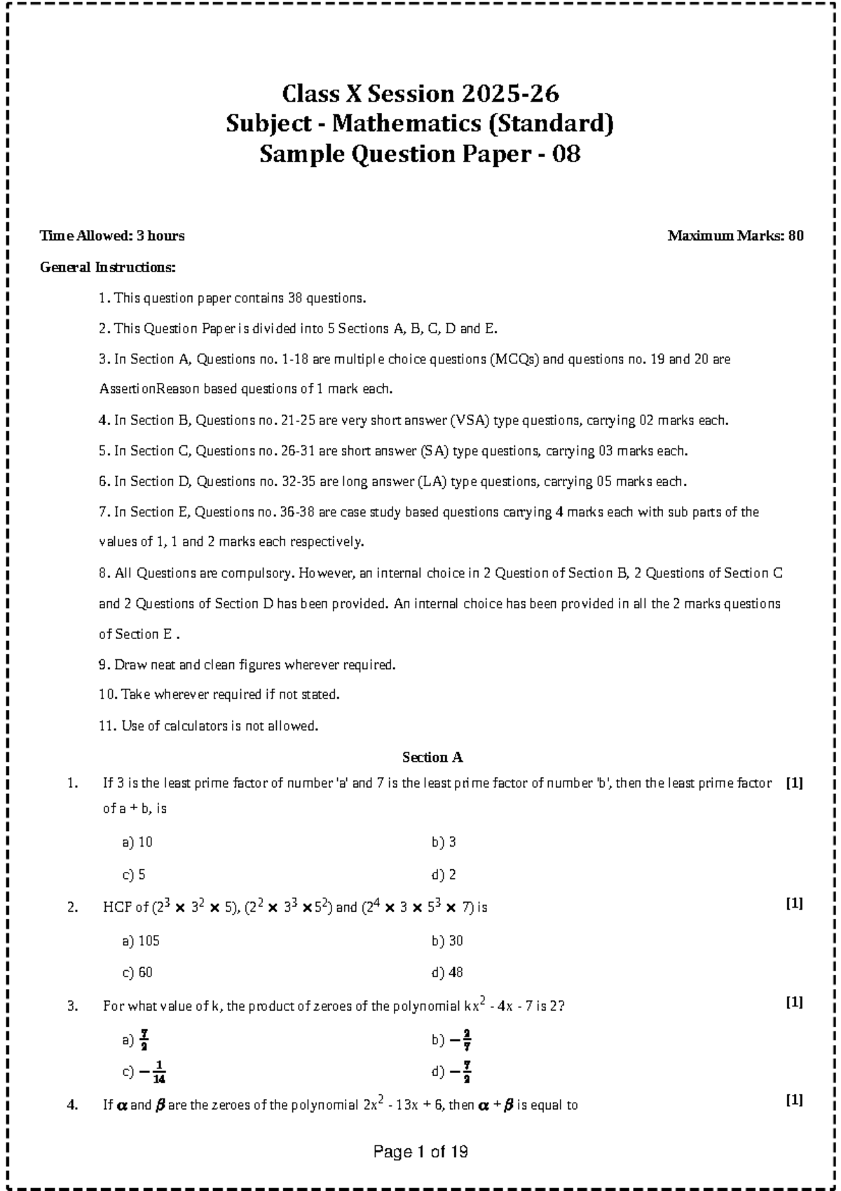 Mathematics Class X Sample Question Paper (Standard) - 3 Hours - Studocu