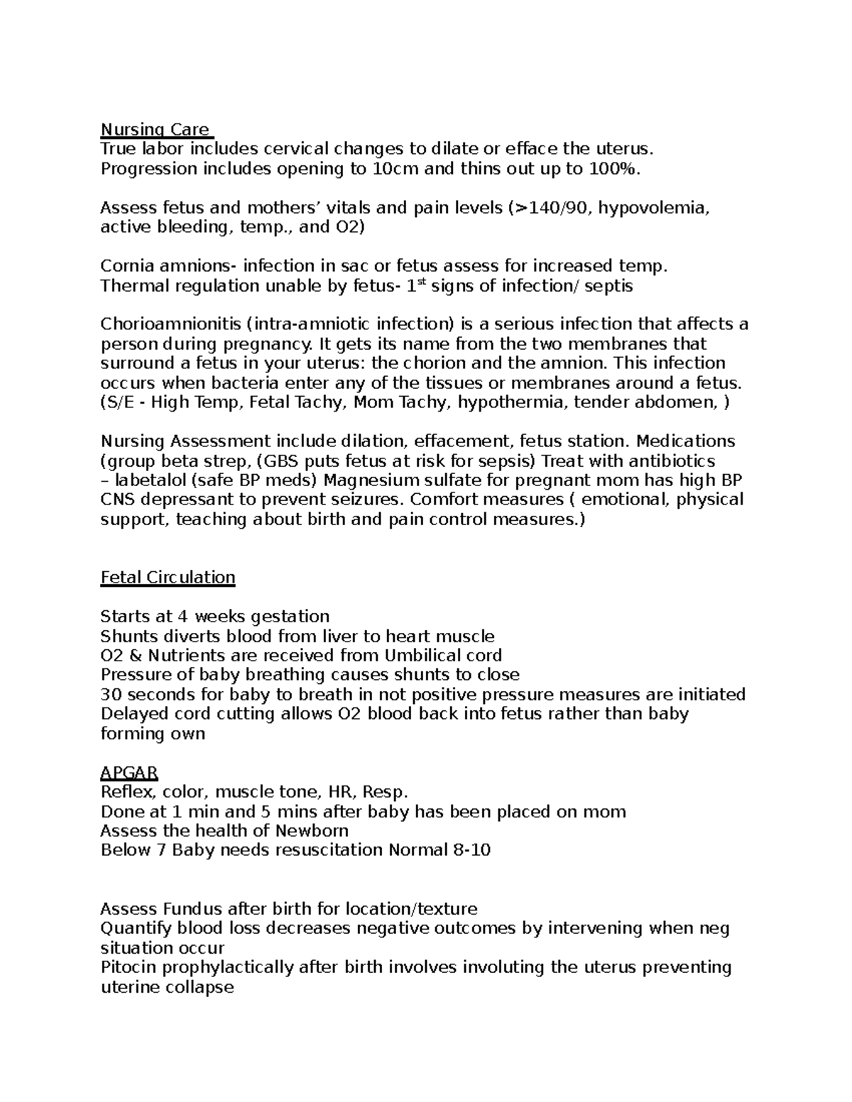 Intrapartum Care Notes - Nursing Care True labor includes cervical ...