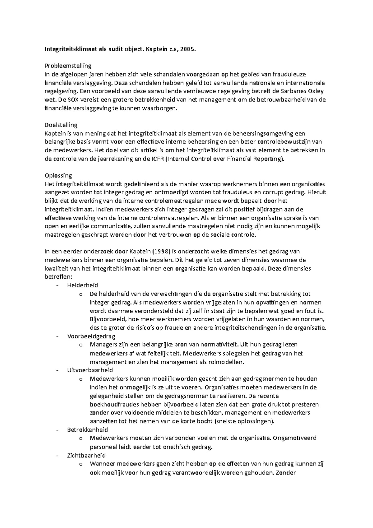 Samenvatting van Kaptein's Integriteitsklimaat als Auditobject 2023 ...