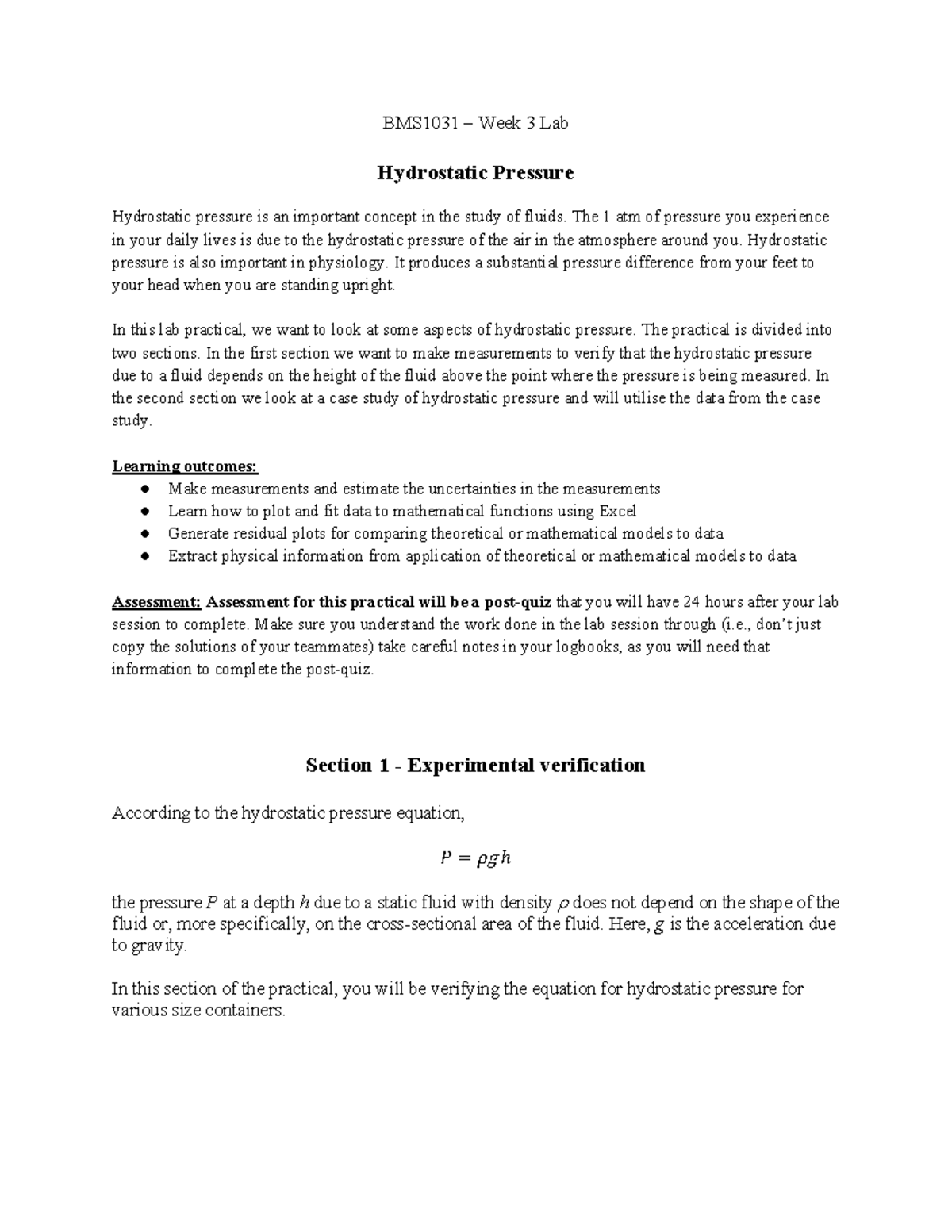 BMS1031 Week 3 Lab: Exploring Hydrostatic Pressure Principles - Studocu