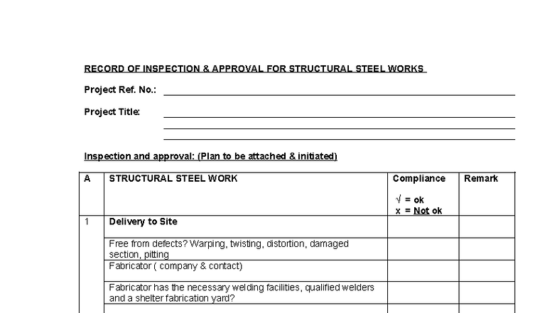 Inspection Approval Record for Structural Steel Works - Project Ref. No. - Studocu