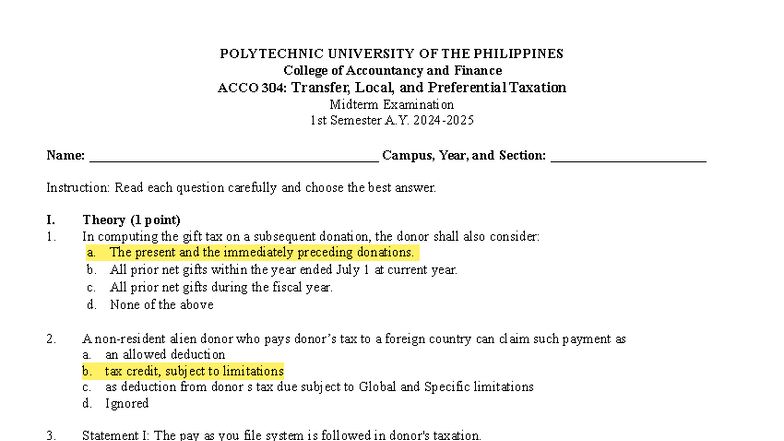 Tax draft answers - midterm exam questions 2425 - POLYTECHNIC ...
