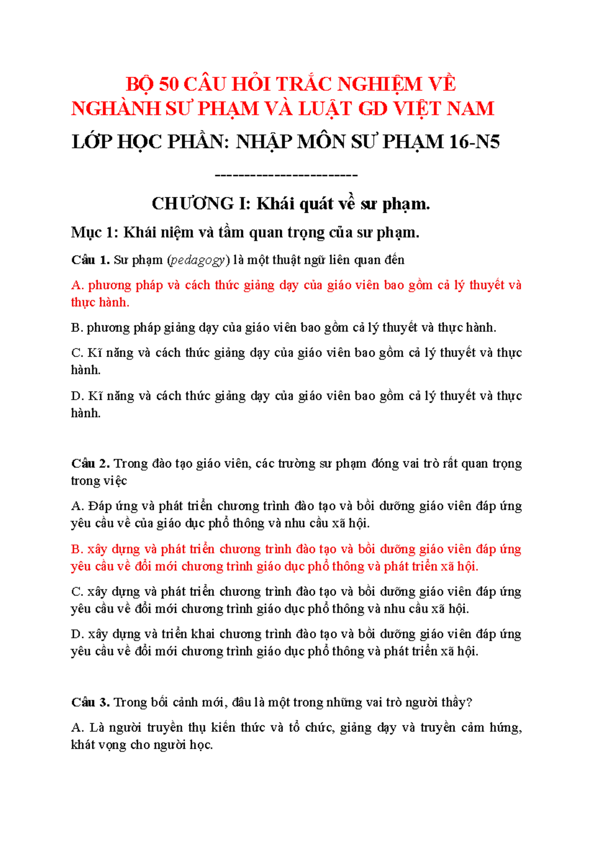 Bộ 50 Câu Hỏi Trắc Nghiệm về Sư Phạm và Luật GD Việt Nam - Nhập Môn Sư ...