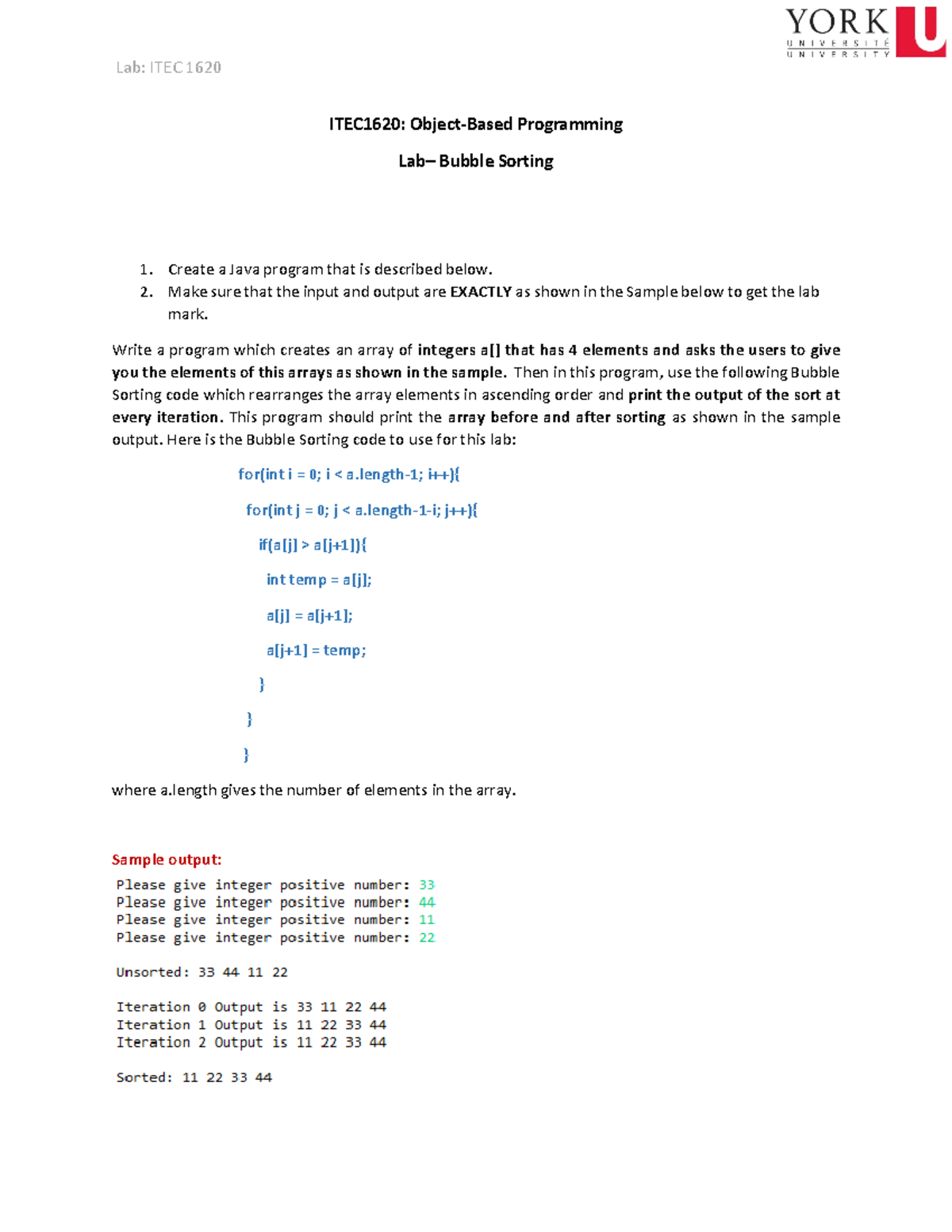 Lab: ITEC 1620 Bubble Sort Program Implementation - Studocu