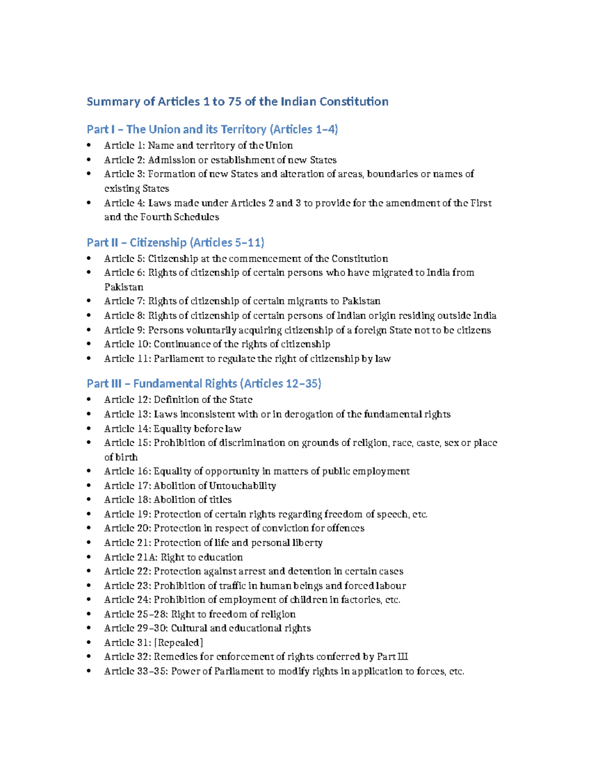 Summary of Articles 1-75 of the Indian Constitution: Part I & II - Studocu