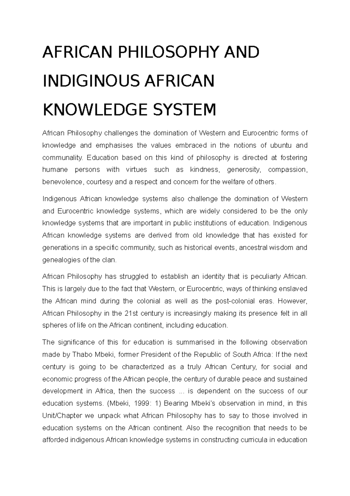 African Philosophy & Indigenous Knowledge Systems: A Deep Dive - Studocu