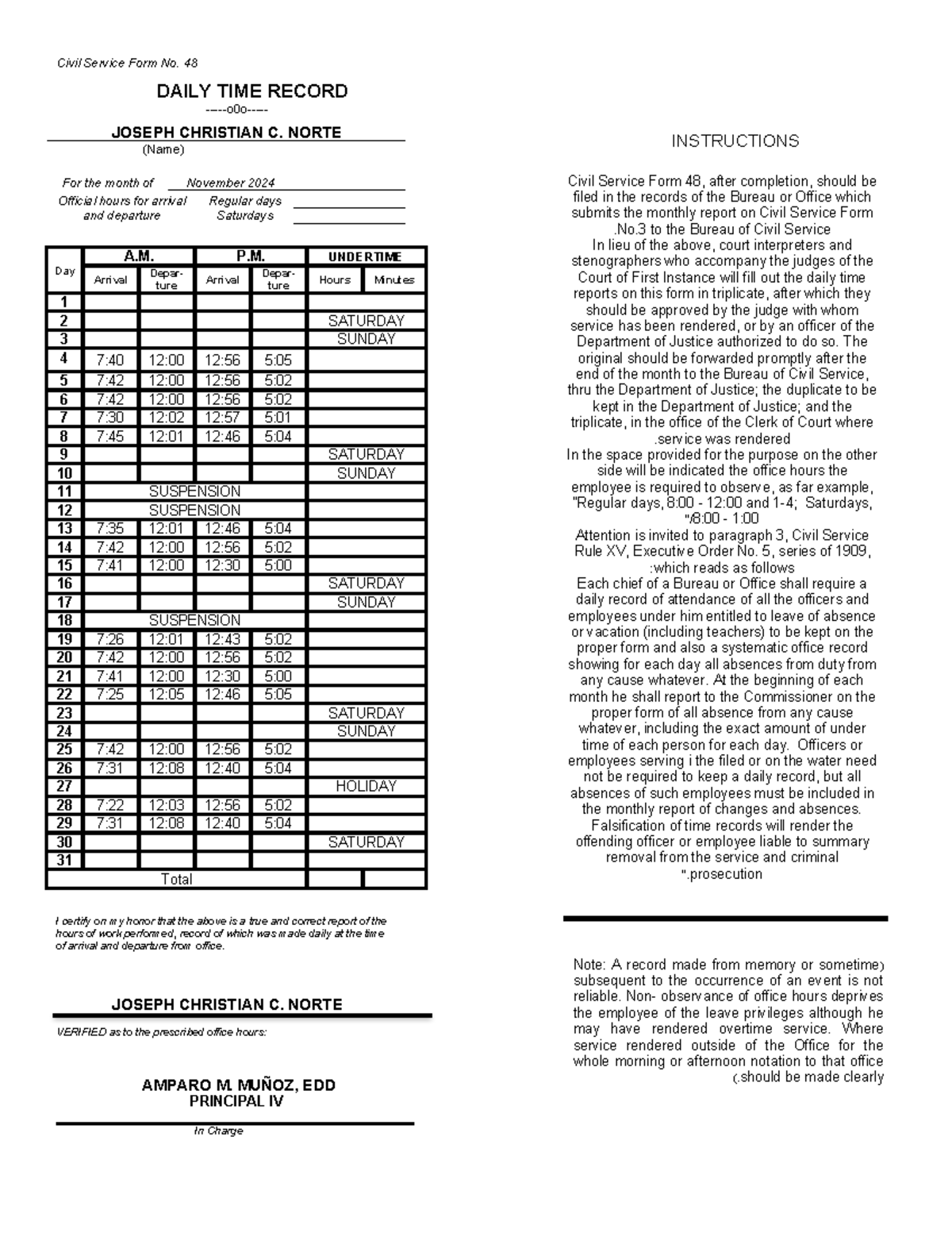 Civil Service Form No. 48: Daily Time Record for November 2024 - Studocu