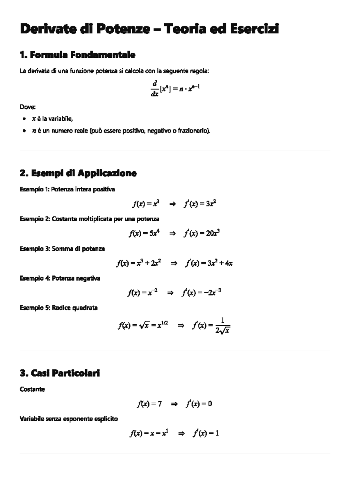 Derivate di Potenze: Teoria ed Esercizi 1 - Formula Fondamentale - Studocu