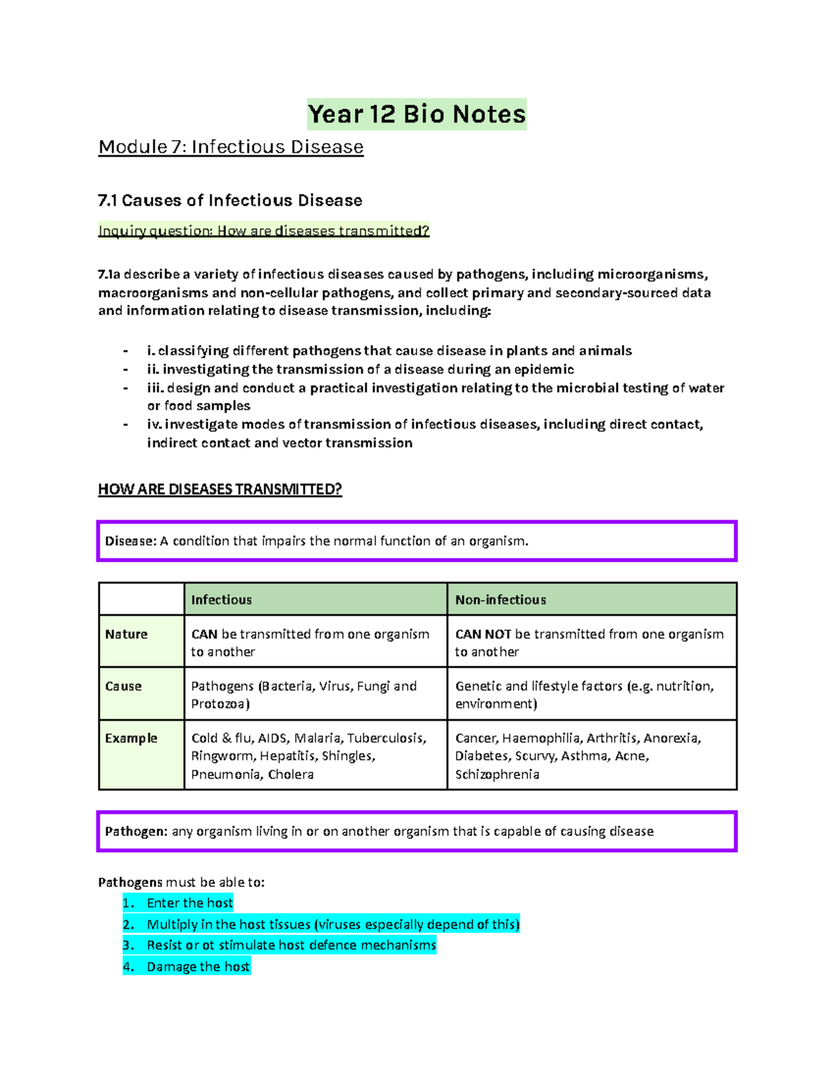 Year 12 Biology Module 7: Infectious Disease Notes and Overview - Studocu