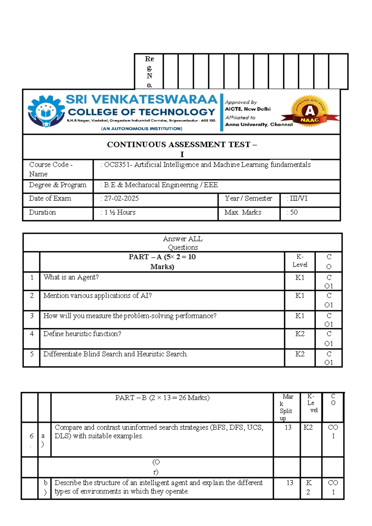 IAT-I Questions Set-B (EEE, Mech-OCS351) - AI & ML Fundamentals Exam ...