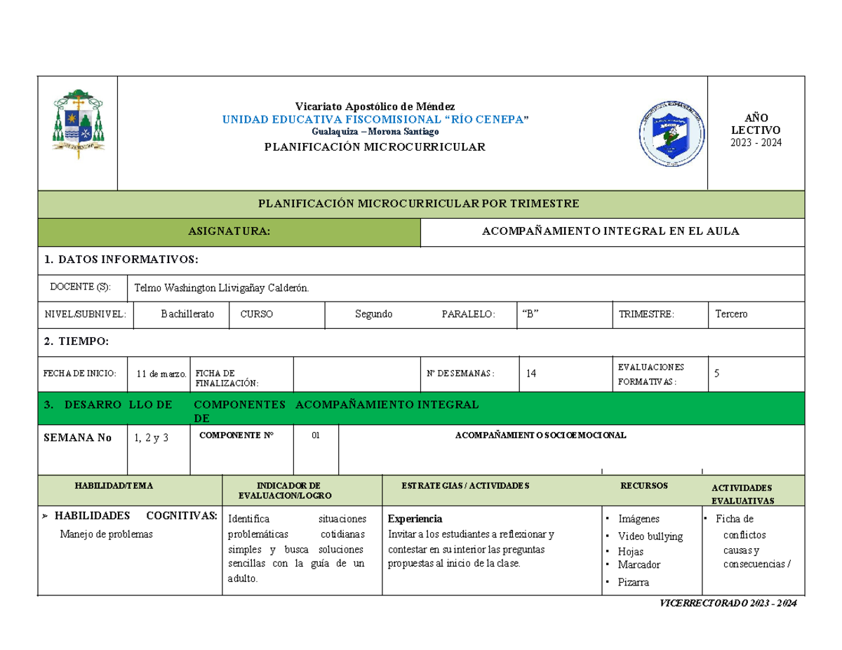 Planificación Microcurricular de Acompañamiento Integral III Trimestre - Studocu