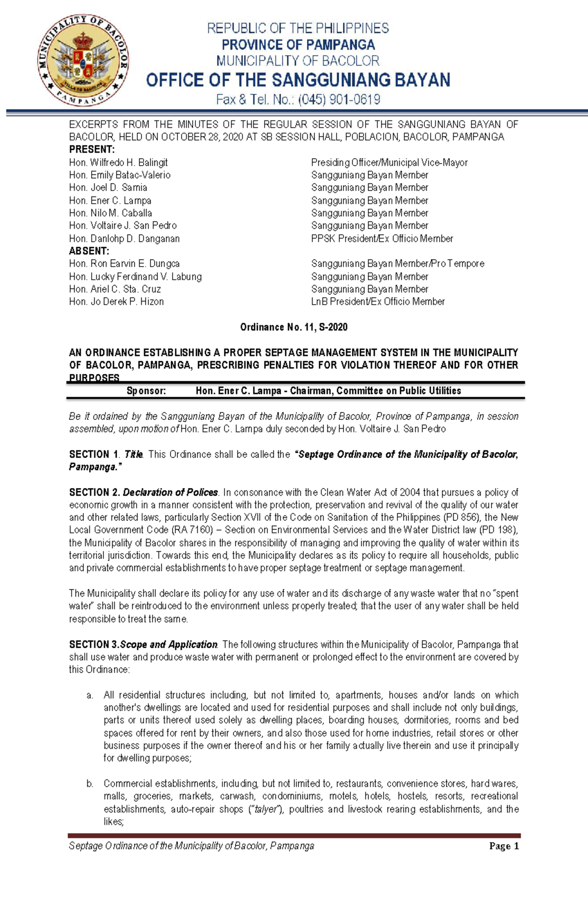 Ordinance No. 11, s.2020: Septage Management System in Bacolor - Studocu