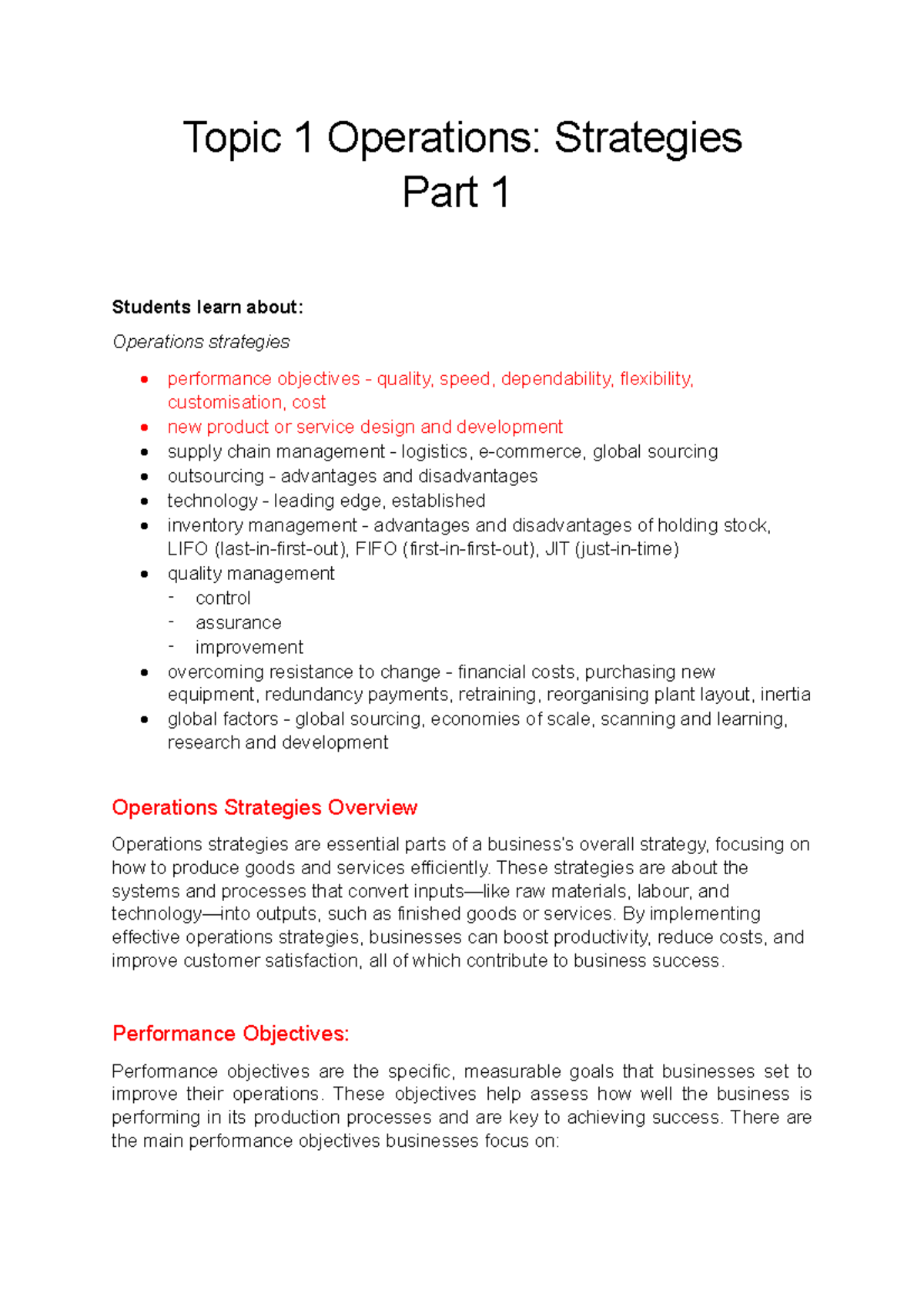 Operations Strategies Overview: Performance Objectives & Quality ...