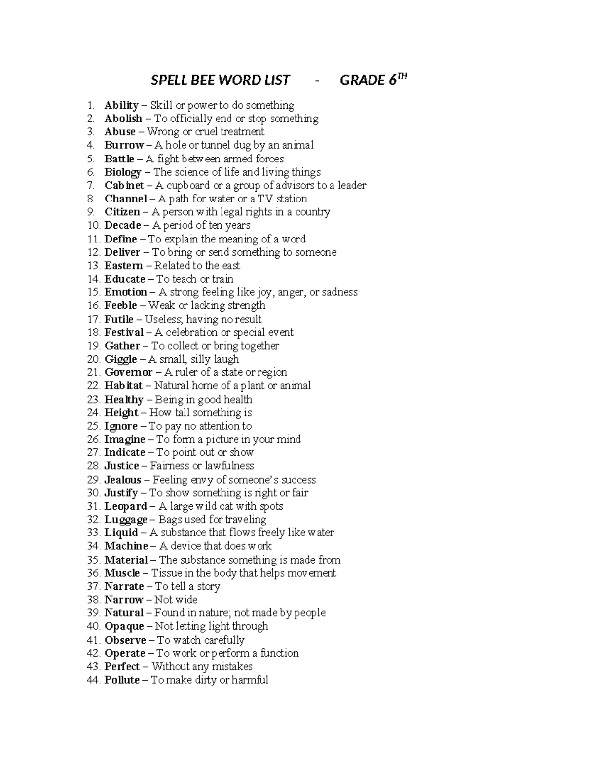 6TH GRADE SPELL BEE WORD LIST: Definitions & Meanings - Studeersnel