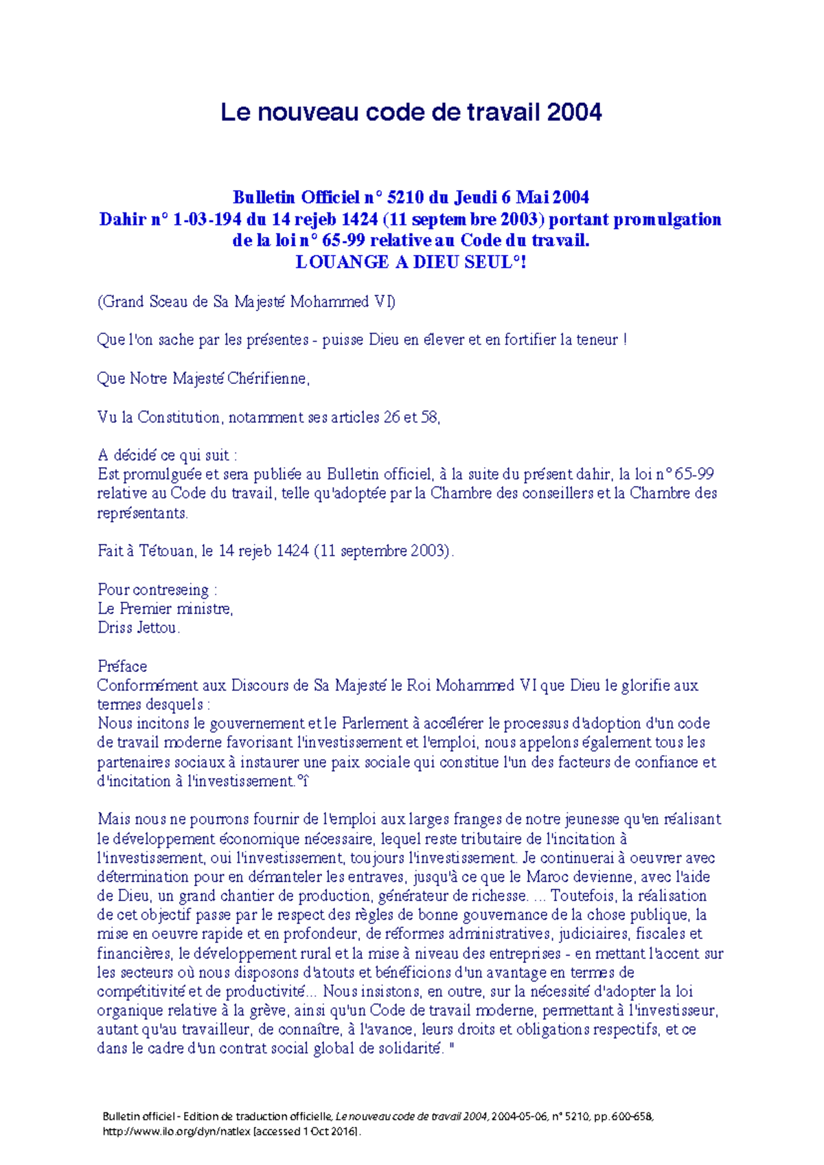 Code du Travail du Maroc 2004 : Promulgation et Principes Clés - Studocu
