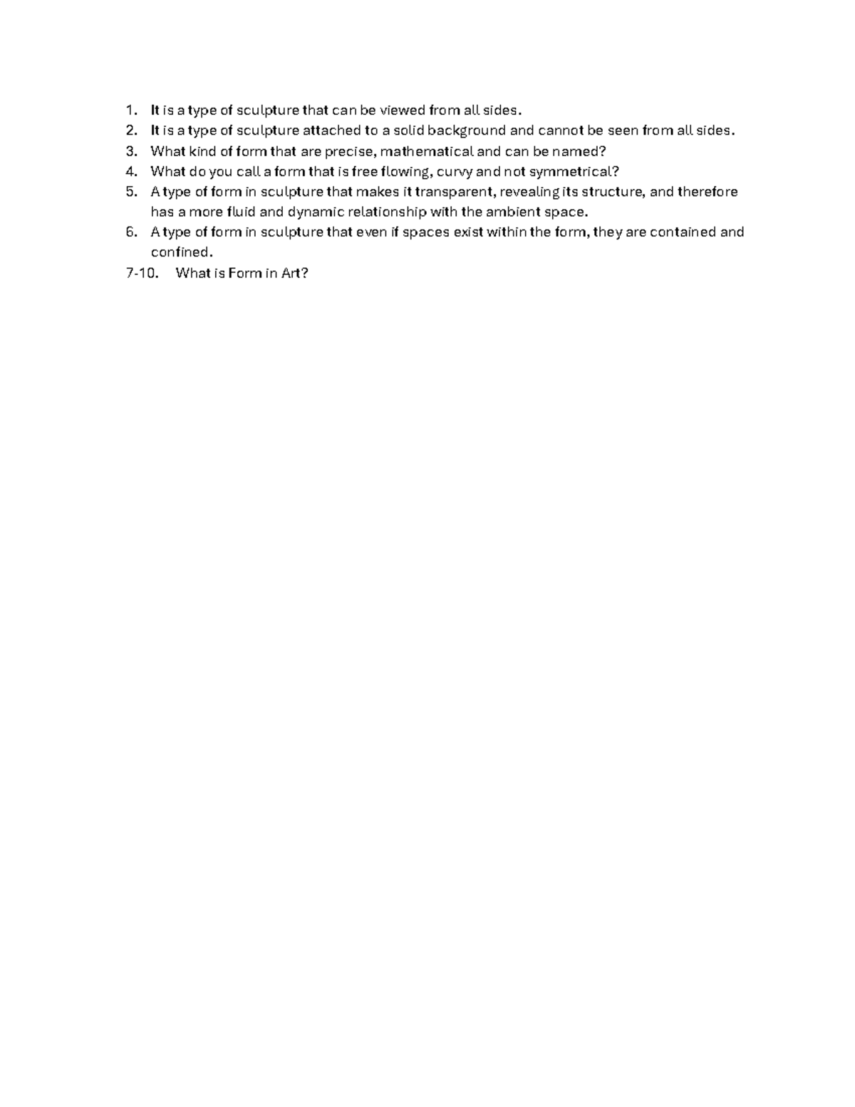 Quiz on Sculpture Forms in Arts and Humanities - Studocu