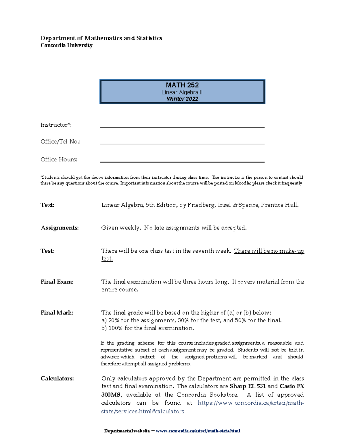 MATH 252 Winter 2022 - Linear Algebra II Course Outline - Studocu