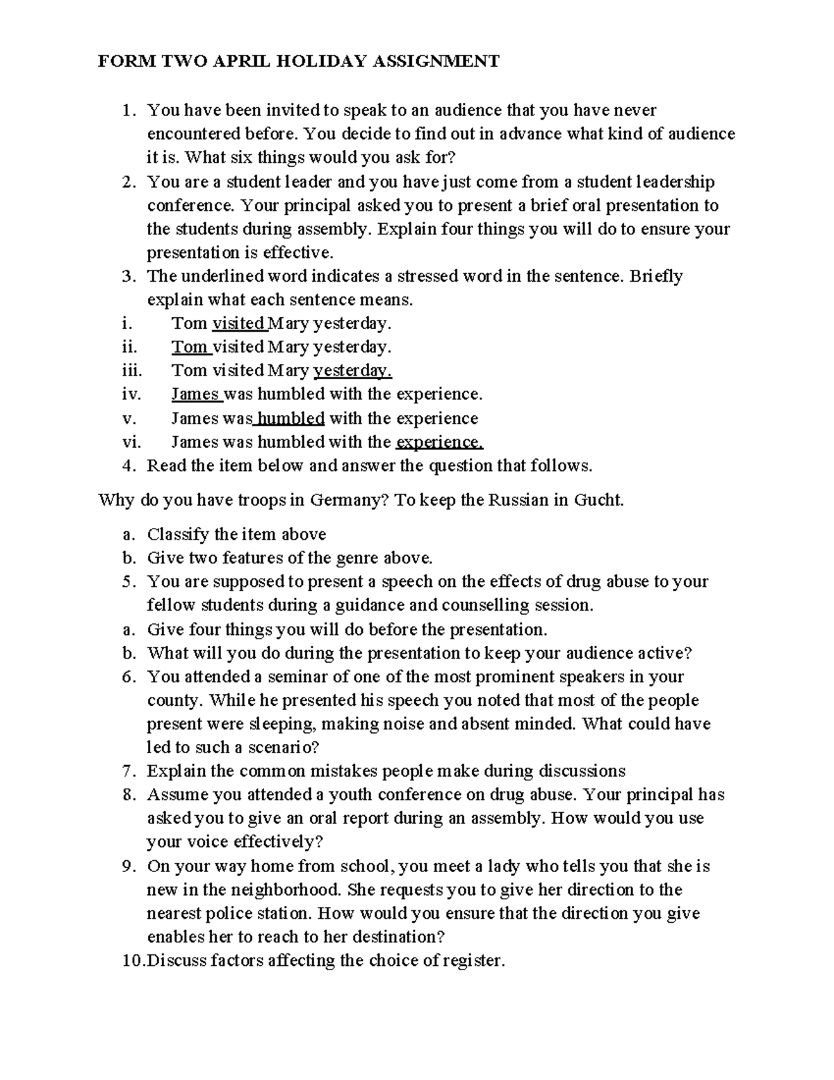 FORM TWO ORAL SKILLS ASSIGNMENT QUESTIONS WITH RESPONSES - Studocu