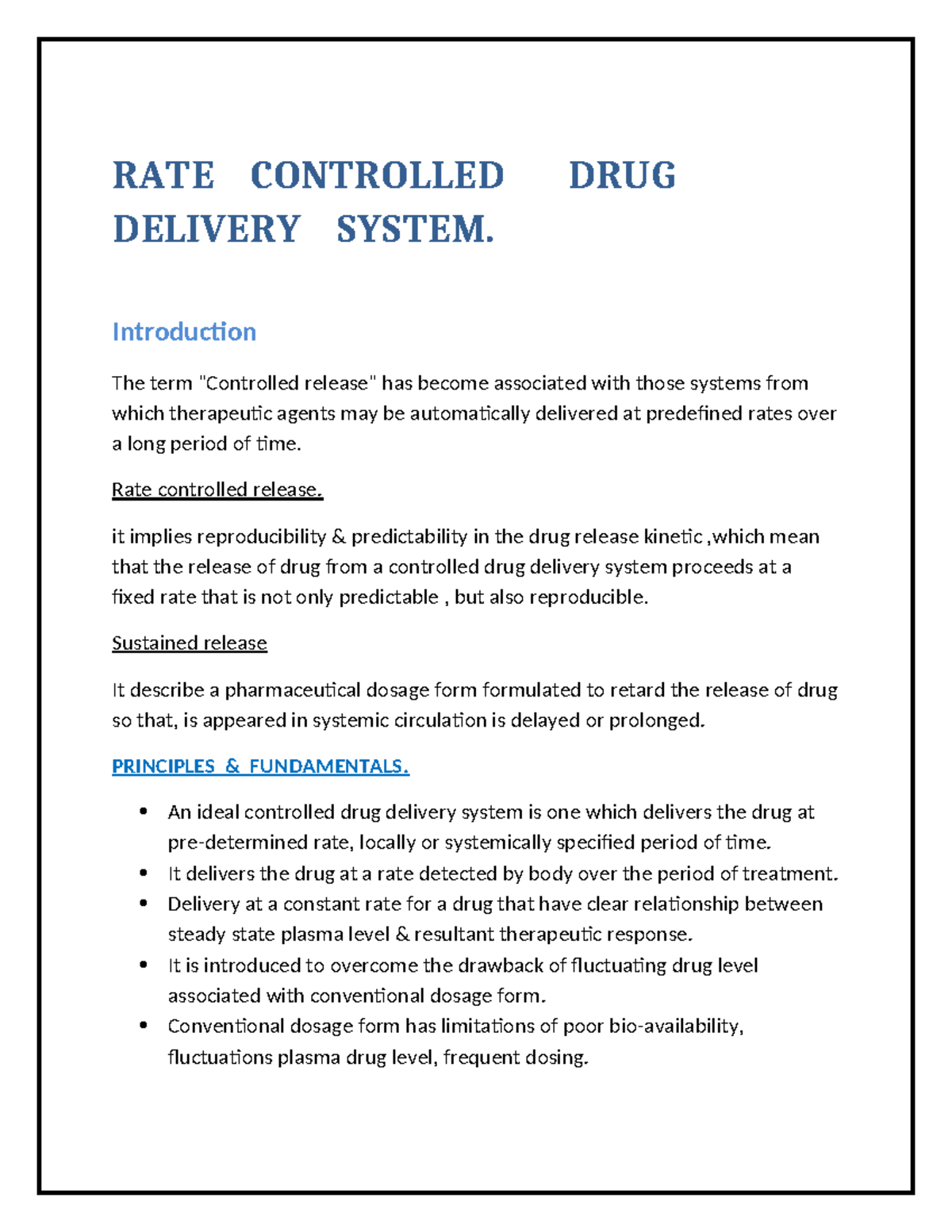 RATE Controlled Drug Delivery System: Principles and Applications - Studocu