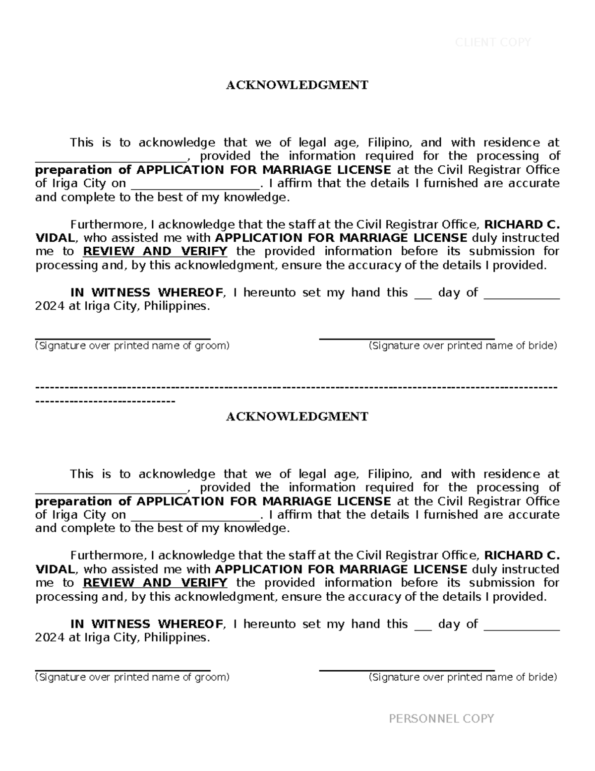 Acknowledgment of Application for Marriage License (AML) - Studocu