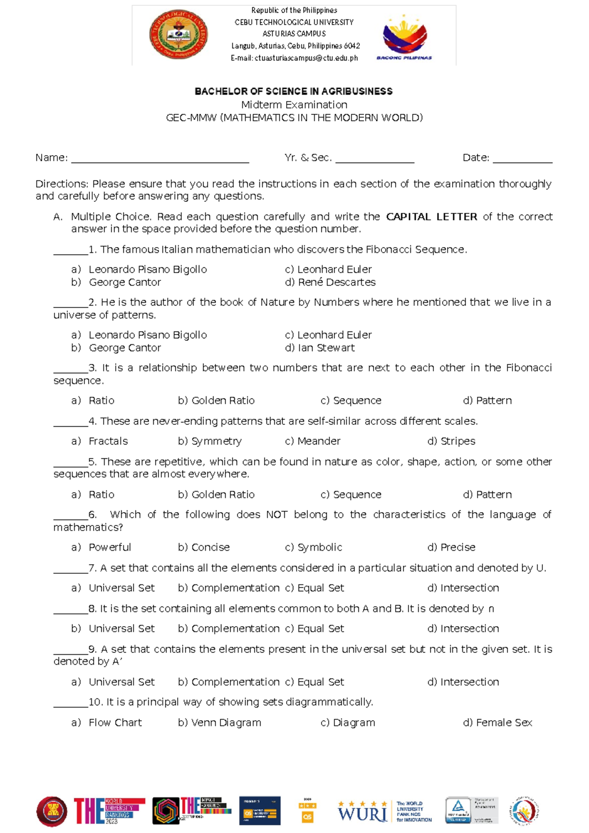 MMW- Midterm Exam Review: Mathematics in the Modern World - Studocu
