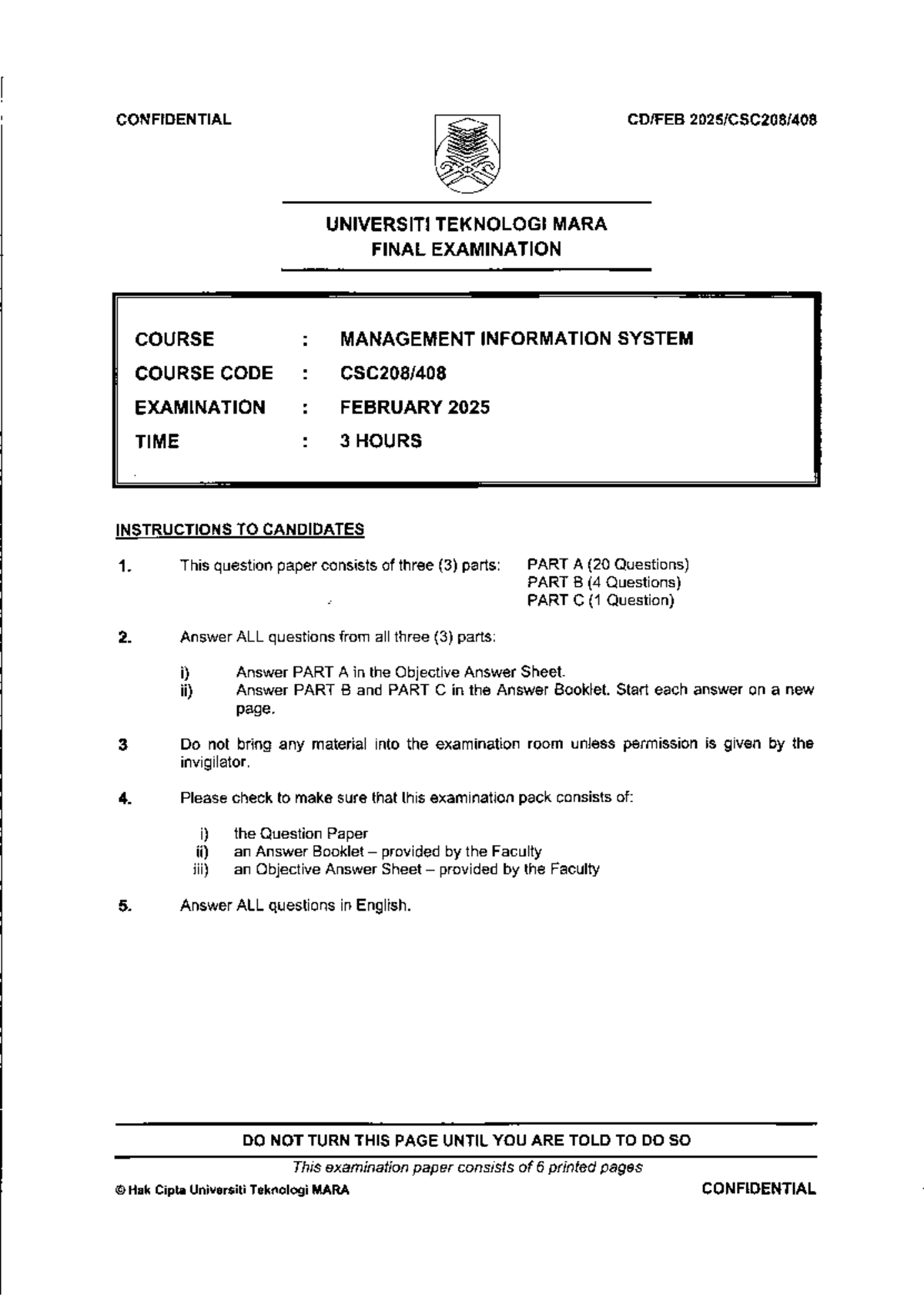 CSC208 - Final Exam Paper for Management Information Systems - Studocu