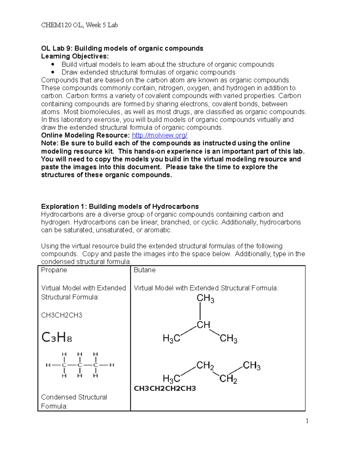 Chem 120 - Week 5: Organic Compound Modeling Lab - Studocu