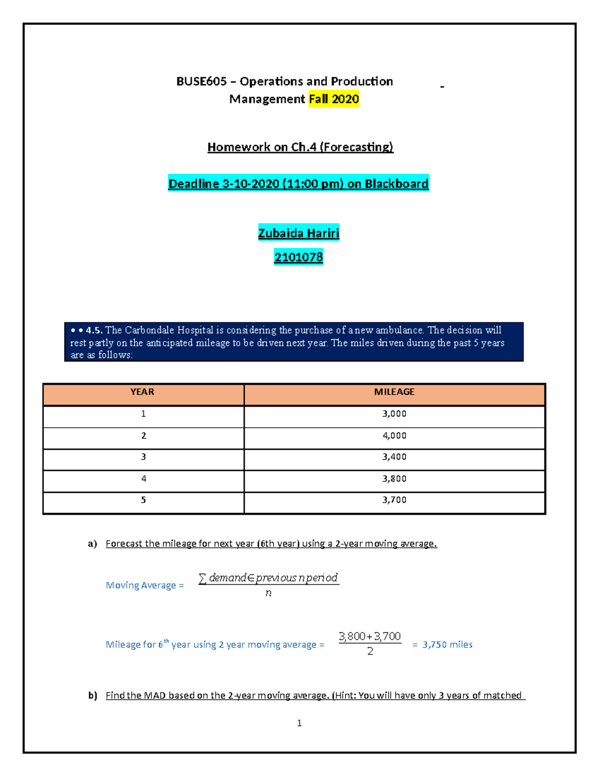BUSE605 - Operations Management Ch. 4 Homework on Forecasting ...
