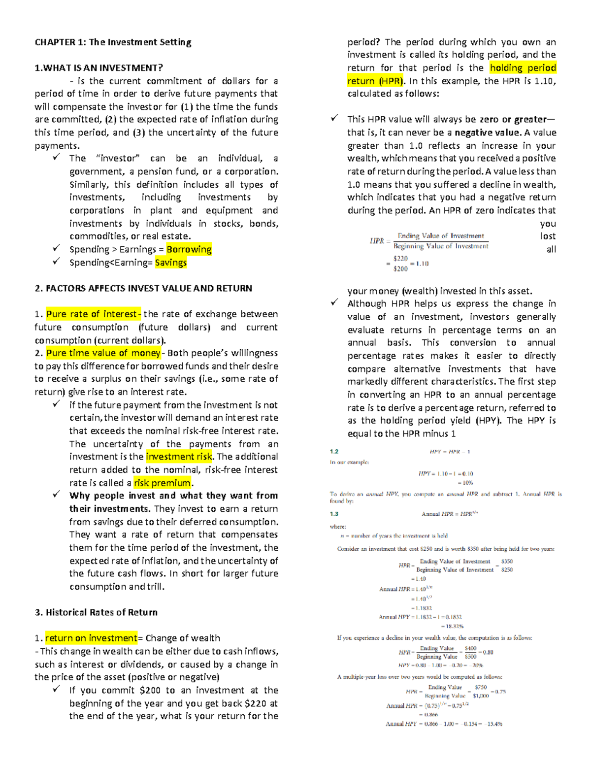 MFin 15 Chapter 1 - The Basics of Investment and Returns - Studocu