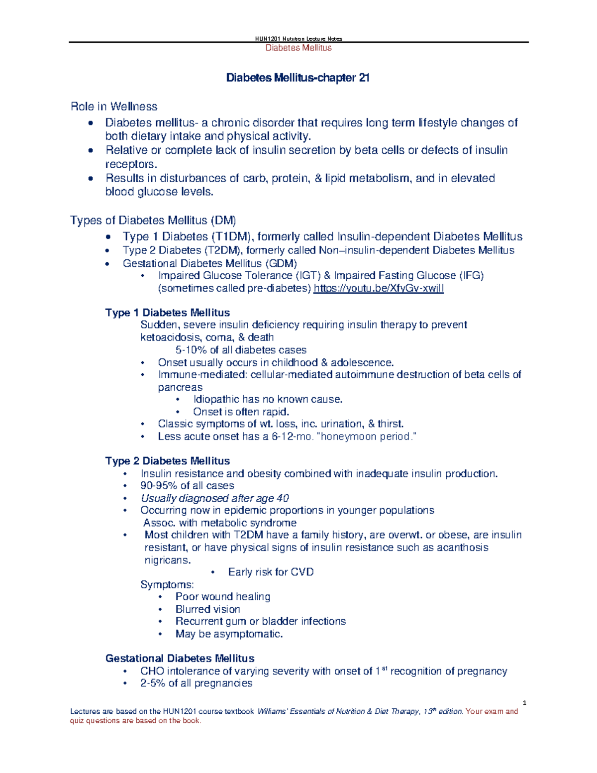 HUN1201 Nutrition Lecture Notes: Overview & Management of Diabetes ...