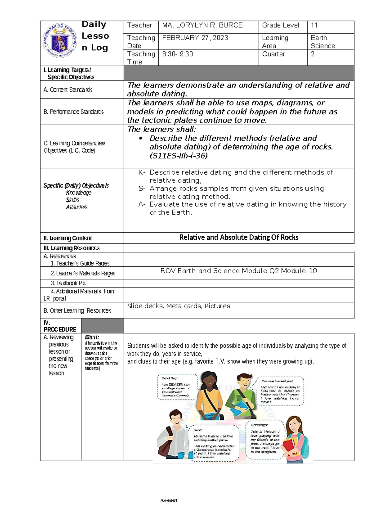 Daily Lesson Log I: Relative and Absolute Dating in Earth Science - Studocu