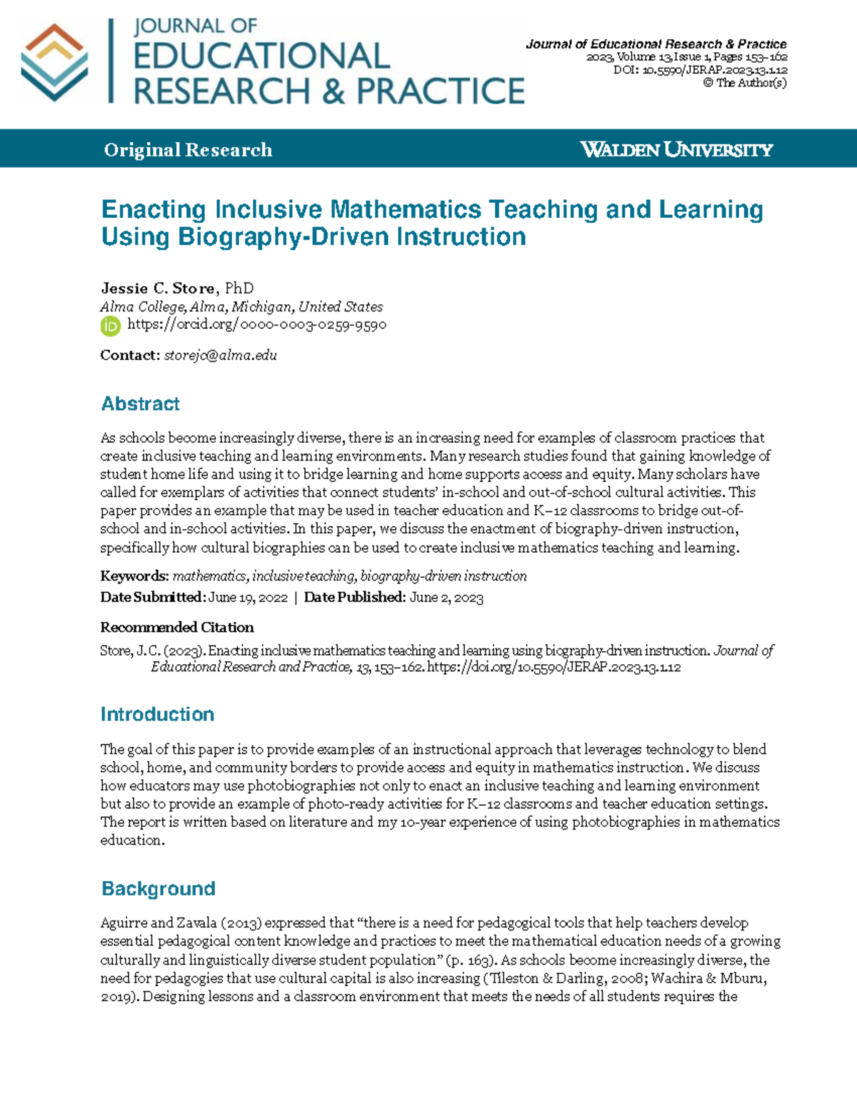 Mathematics Biography-Driven Instruction: Enacting Inclusive Teaching ...
