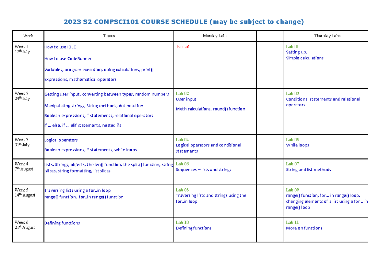 Compsci 101 S2 2023 Course Schedule - 2023 S2 COMPSCI101 COURSE ...