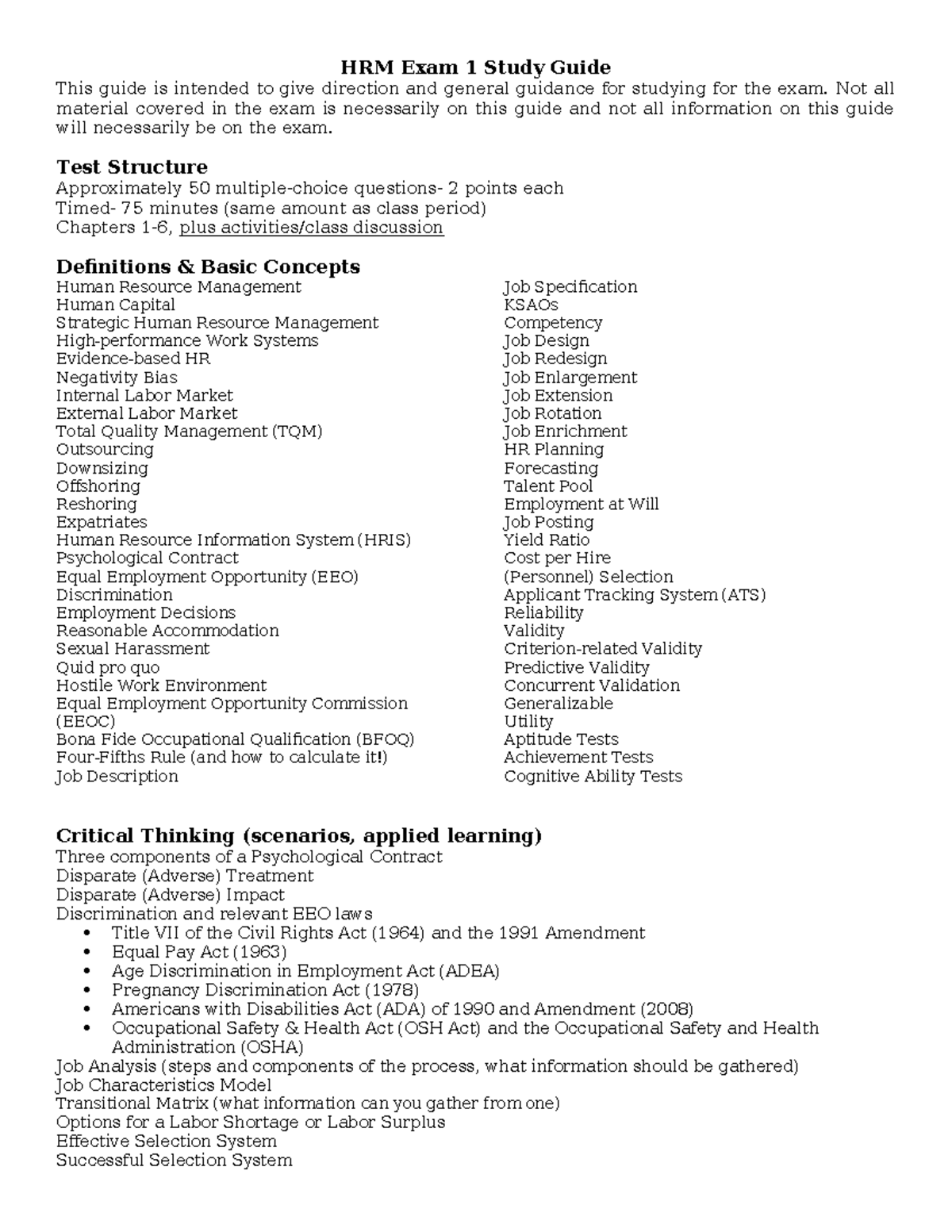 HRM 101 Final Exam Study Guide: Key Concepts from Chapters 1-6 - Studocu