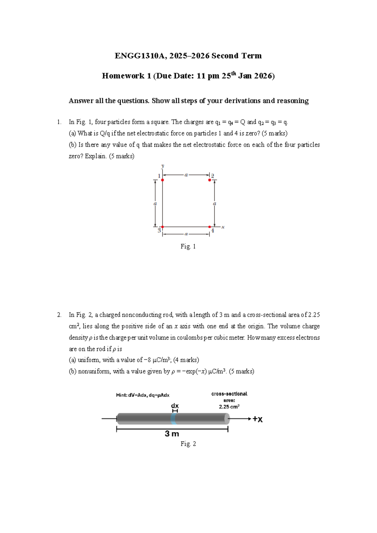 ENGG1310A, Homework 1: Electrostatics Problems and Solutions - Studocu