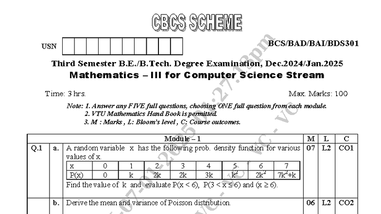 BCS301 - Mathematics for Computer Science: 3rd Sem Exam Guide - Studocu